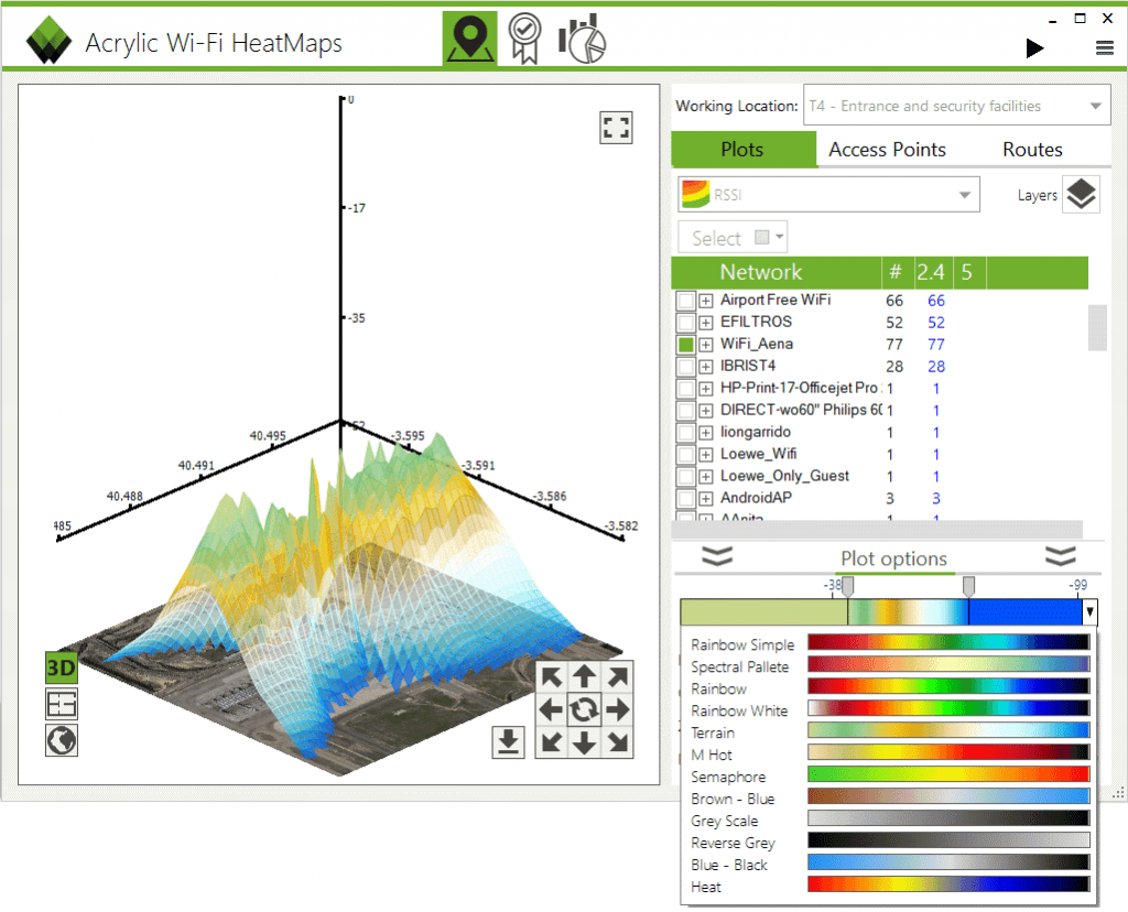 3D WLAN coverage map with signal level curves (RSSI)